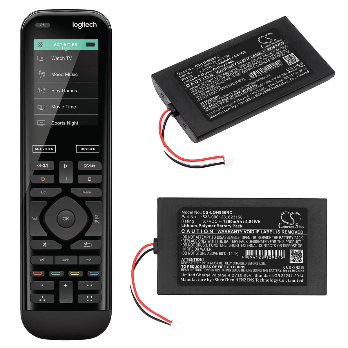 1300mAh, Logitech, 915-000257, 915-000260, Elite Remote Control ...